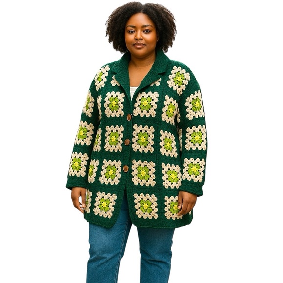 Handmade | Sweaters | Hand Crafted Green And Cream Crochet Cardigan ...